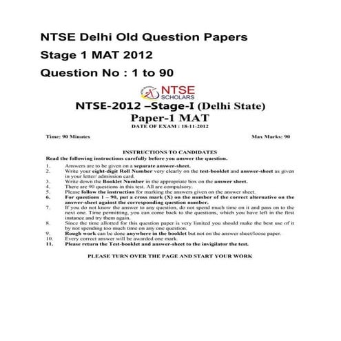 Ntse stage 1 delhi old question papers mat lct sat 2012 | PDF