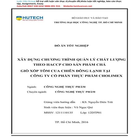 Đồ án tốt nghiệp Xây dựng chương trình quản lý chất lượng theo HACCP cho sản phẩm chả giò xốp ...