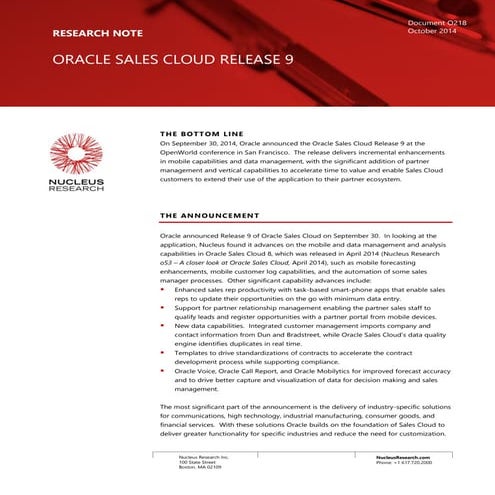Benefits Of Oracle Sales Cloud Release 9 By Nucleus Research Pdf Cloud Computing Internet