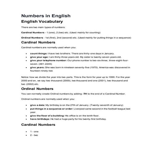 List of Vocabulary - Numbers | PDF
