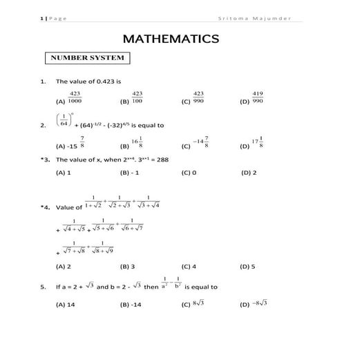 CBSE - Grade 9 - Mathematics - Number System - Multiple Choice Questions - Worksheet | PDF