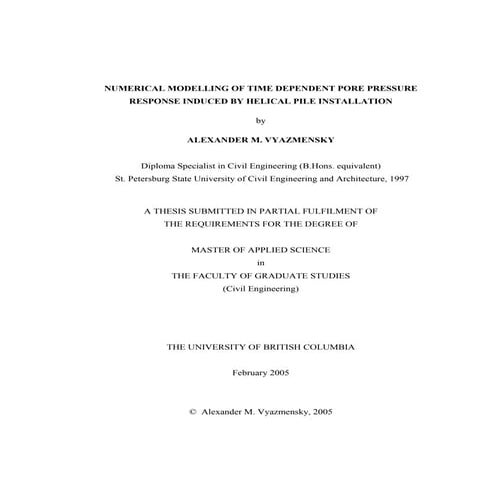 MASc thesis: NUMERICAL MODELLING OF TIME DEPENDENT PORE PRESSURE ...