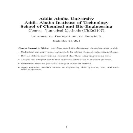 Numerical Methods Course outline 2024-25 Chemical.pdf | Chemistry | Science