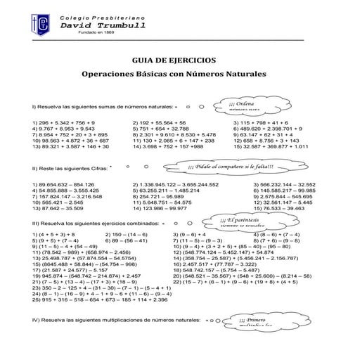 Ejercicios + solucionarios operaciones con números naturales | PDF