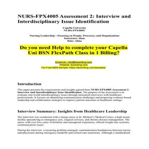 NURS FPX 4005 Assessment 2 Interview and Interdisciplinary Issue Identification.pdf