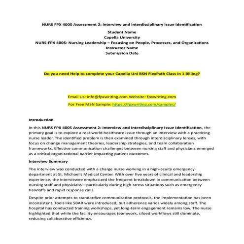 NURS FPX 4005 Assessment 2: Interview and Interdisciplinary Issue Identification | PDF