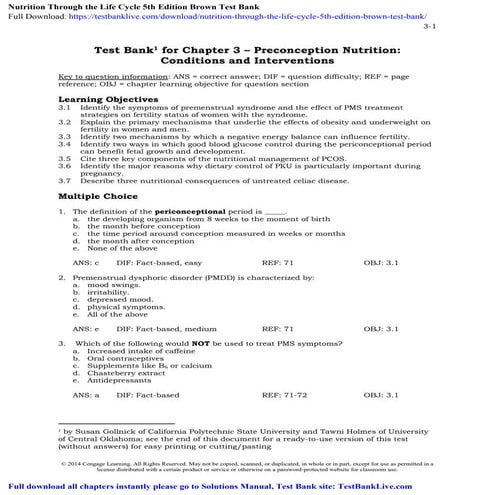 Nutrition Through the Life Cycle 5th Edition Brown Test Bank | PDF