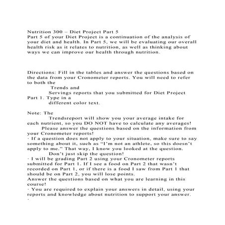 Nutrition 300 – Diet Project Part 5Part 5 of your Diet Project i.docx