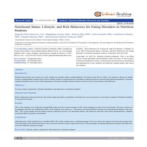 Nutritional Status, Lifestyle, and Risk Behaviors for Eating Disorders ...