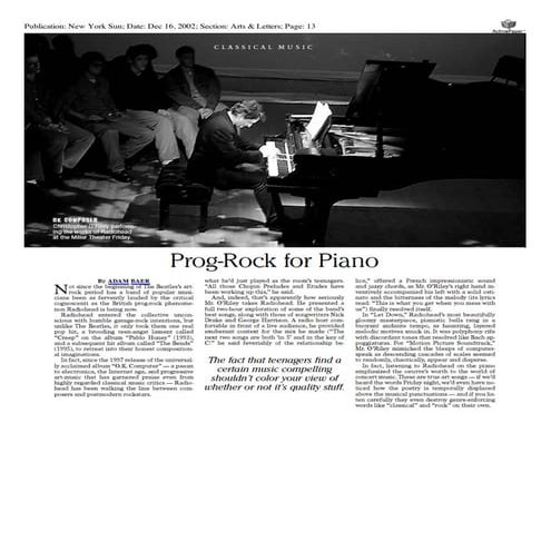 Radiohead on the Piano -- by Adam Baer in the New York Sun | PDF
