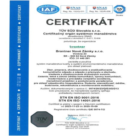 Certifikát STN EN ISO 9001:2016 a Certifikát STN EN ISO 14001:2016 Brantner Nové Zámky | PDF