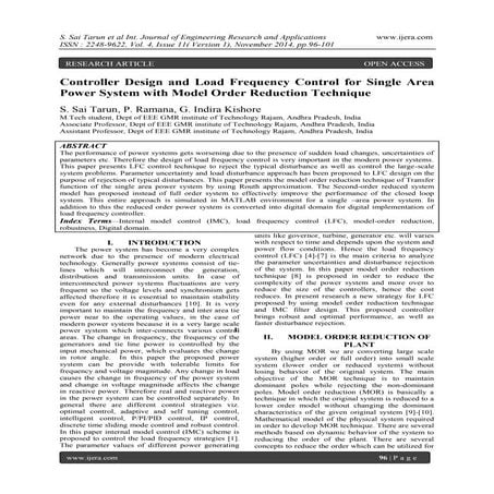 Controller Design and Load Frequency Control for Single Area Power System with Model Order ...