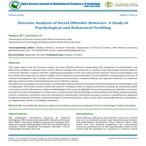 Forensic Analysis of Serial Offender Behavior: A Study of Psychological ...