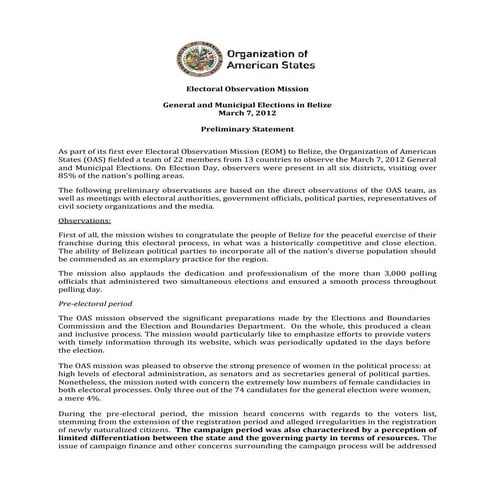 Preliminary Statement of OAS on Belize's 2012 Election | PDF
