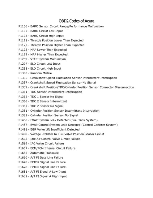 Honda/ Acura OBD1 Code List (PDF) | PDF