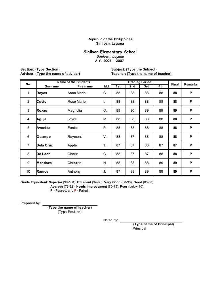 Obel Grading Sheet