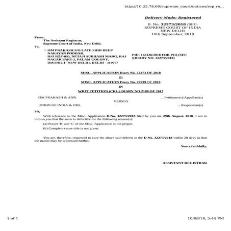 Objection letter dated 10.09.2018 by SC | PDF