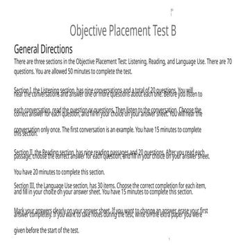 Objective Placement Test B General Directions There are three sections ...
