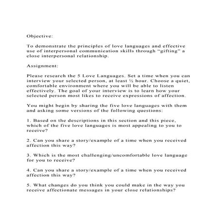 ObjectiveTo demonstrate the principles of love languages an.docx