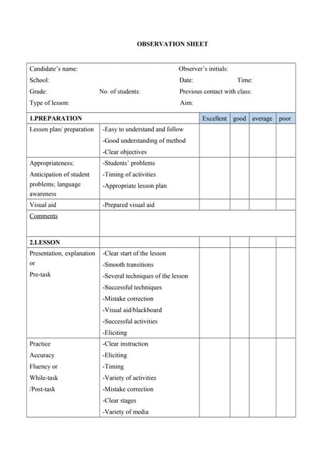 Class observation checklist (Class stages) | DOCX