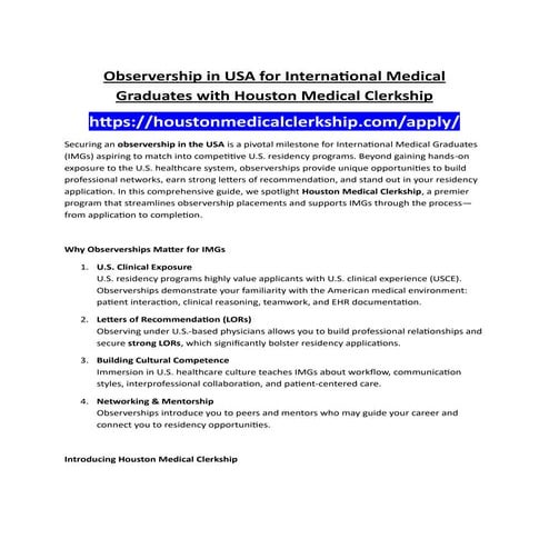 Observership in USA for International Medical Graduates with Houston ...