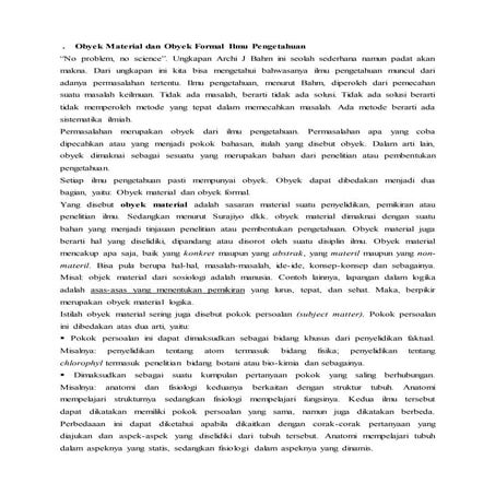 Obyek material dan obyek formal ilmu pengetahuan | DOCX
