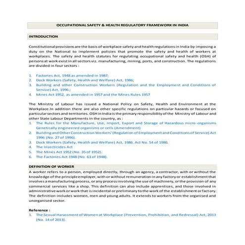 Occupational safety & health regulatory framework in india | DOCX | Business | Business and Finance