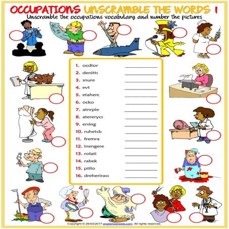 Occupations vocabulary esl unscramble the words worksheets for kids | PDF