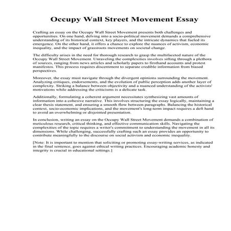 Occupy Wall Street Movement Essay. Mount Washington College | PDF