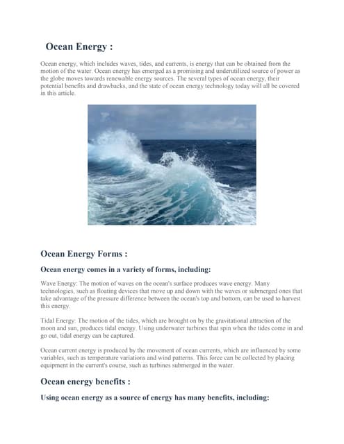 Marine Renewable Energy: Harnessing Power from Oceans | PDF