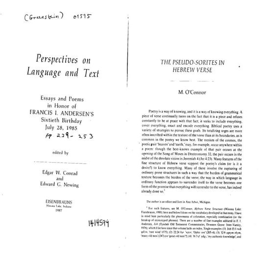 O'conner the pseudo sorites in hebrew verse | PPT