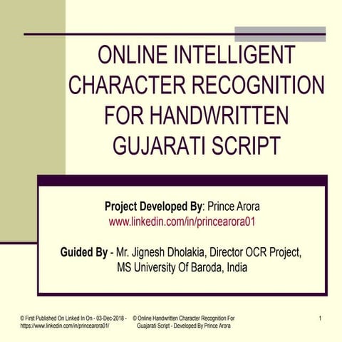 Online Intelligent Character Recognition For Gujarati Script (Indian Language) | PPT