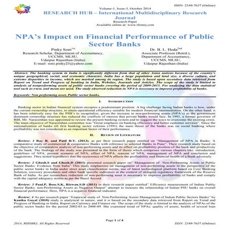 NPA’s Impact on Financial Performance of Public Sector Banks | PDF