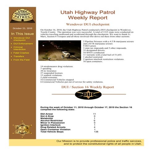 Weekly Report from the Utah Highway Patrol, Oct 22, 2010 | PDF