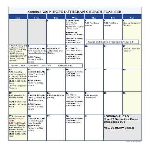 October 2019 Calendar of Events | PDF