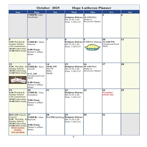 October 2025 Calendar of Events Hope Lutheran Floodwood | PDF