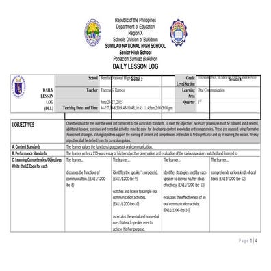 Oral Communication daily lesson log for SHS | DOCX