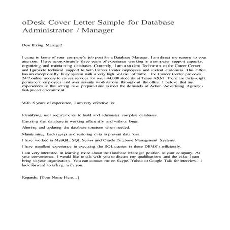oDesk cover letter sample for database administrator or manager | DOCX