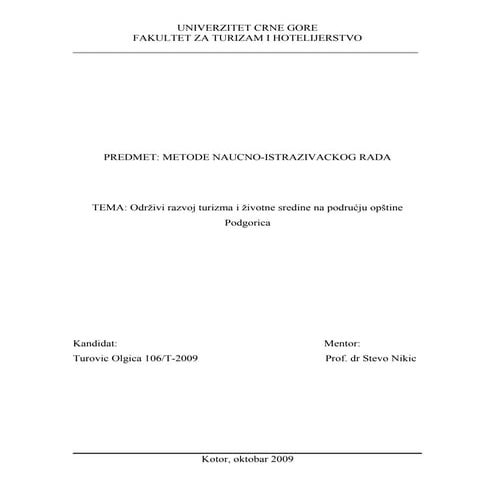Odrzivi razvoj turizma i zivotne sredine na podrucju opstine podgorica | DOC