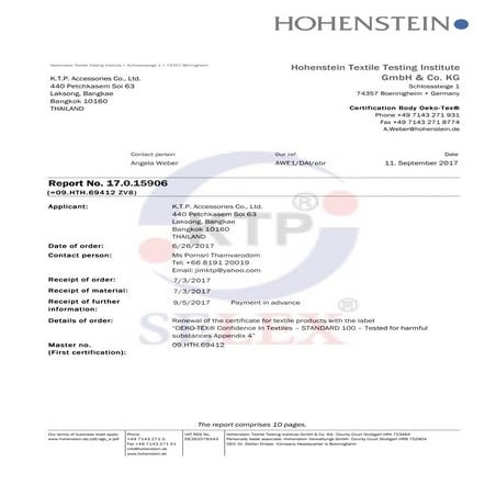 K.T.P. Oeko-Tex test report | PDF