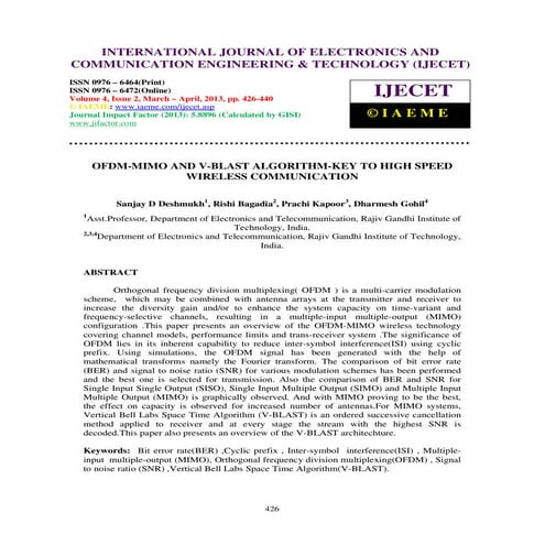 Ofdm Mimo And V Blast Algorithm Key To High Speed Wireless Communication Pdf Computer