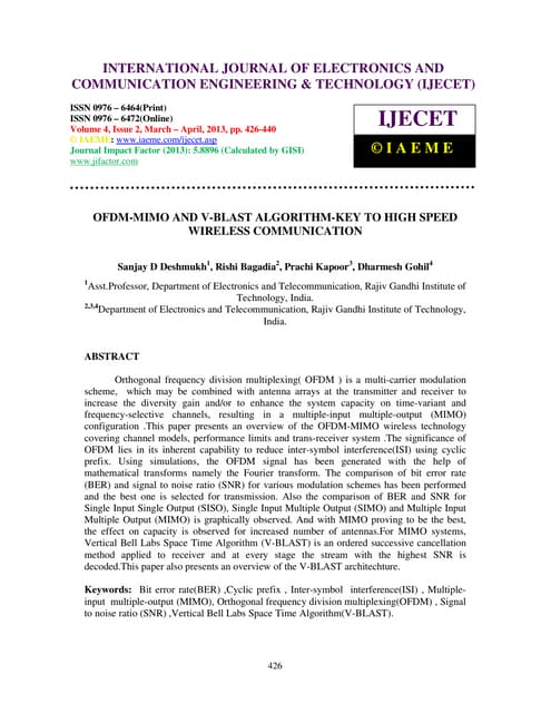 Ofdm Mimo And V Blast Algorithm Key To High Speed Wireless Communication Pdf