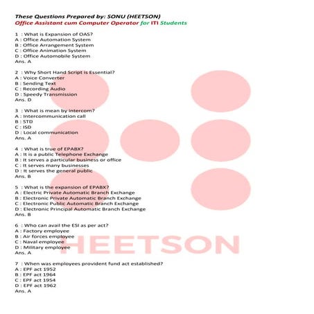 ITI Front Office Assistant cum Computer Operator MCQ | PDF