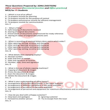 Front Office Assistant ITI Office Practice MCQ | PDF