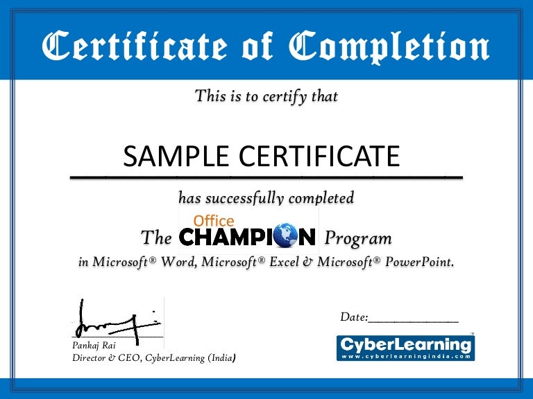Office Champion Sample Certificate