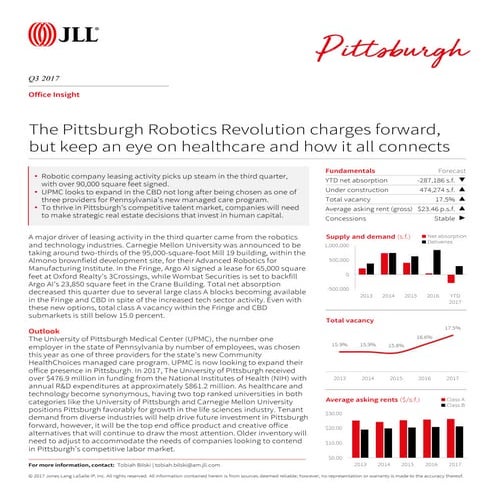 JLL Pittsburgh Office Insight & Statistics - Q3 2017 | PDF