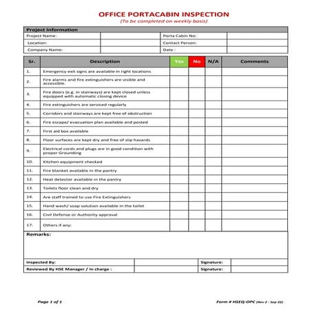 OFFICE PORTA CABIN INSPECTION Form # HSEQ - OPC Rev 2.docx