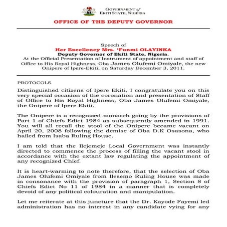 Official presentation of instrument of appointment and staff of office ...