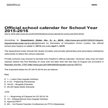 k-12 toolkitOfficial school calendar for school year 2015 2016 official ...
