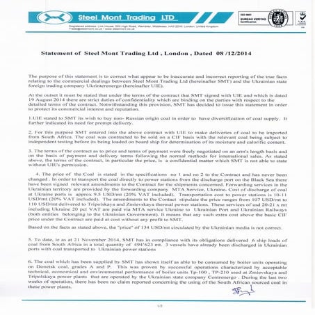 Official statement Steel Mont Trading ltd | PDF